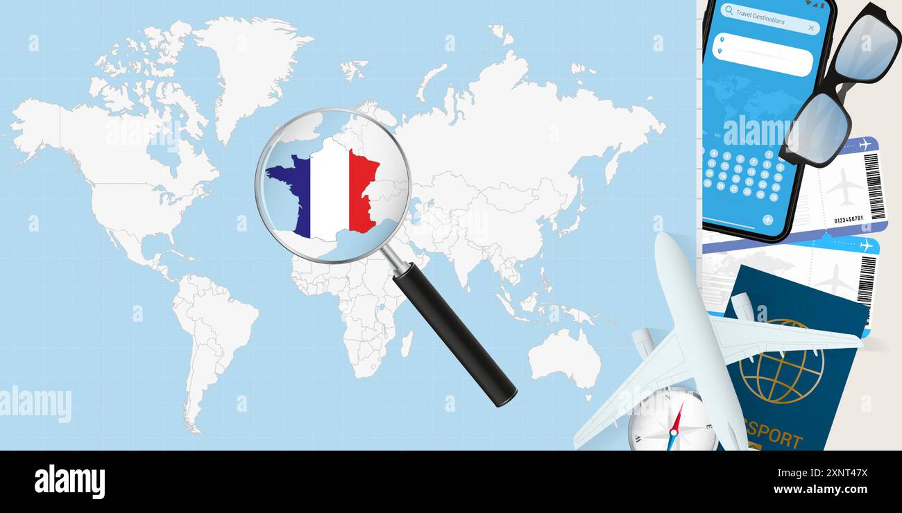 France is magnified over a World Map, illustration with airplane ...