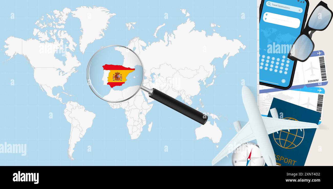 Spain is magnified over a World Map, illustration with airplane ...