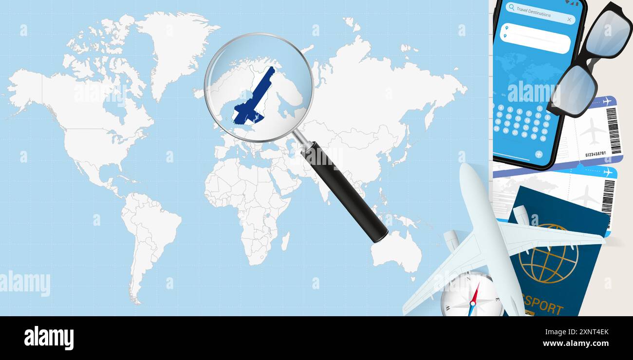 Finland is magnified over a World Map, illustration with airplane ...