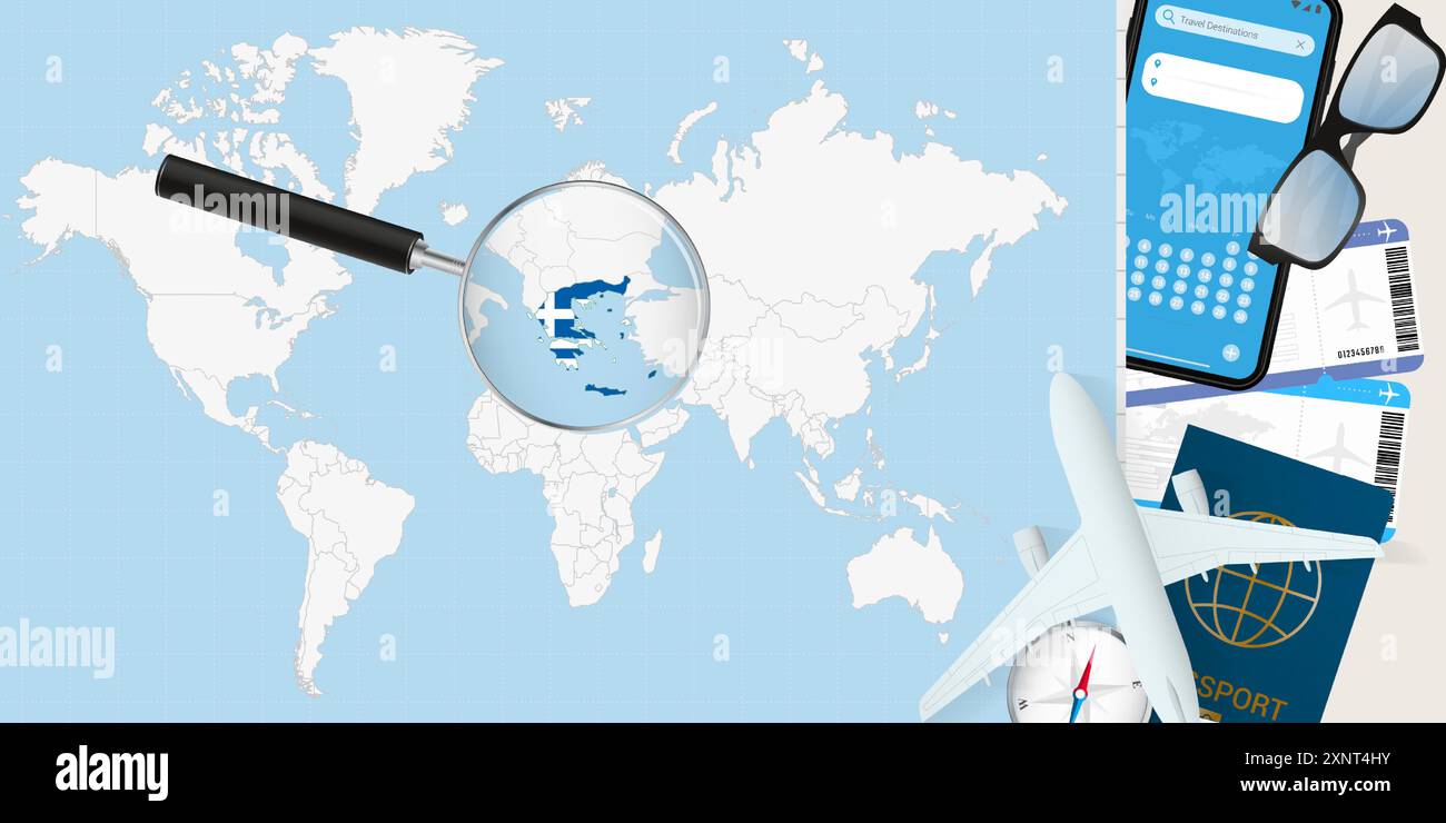 Greece is magnified over a World Map, illustration with airplane ...