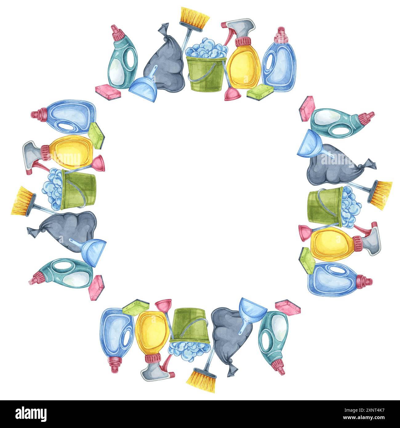 Cleaning tools like spray bottles, sponges, brushes, and gloves form a ...