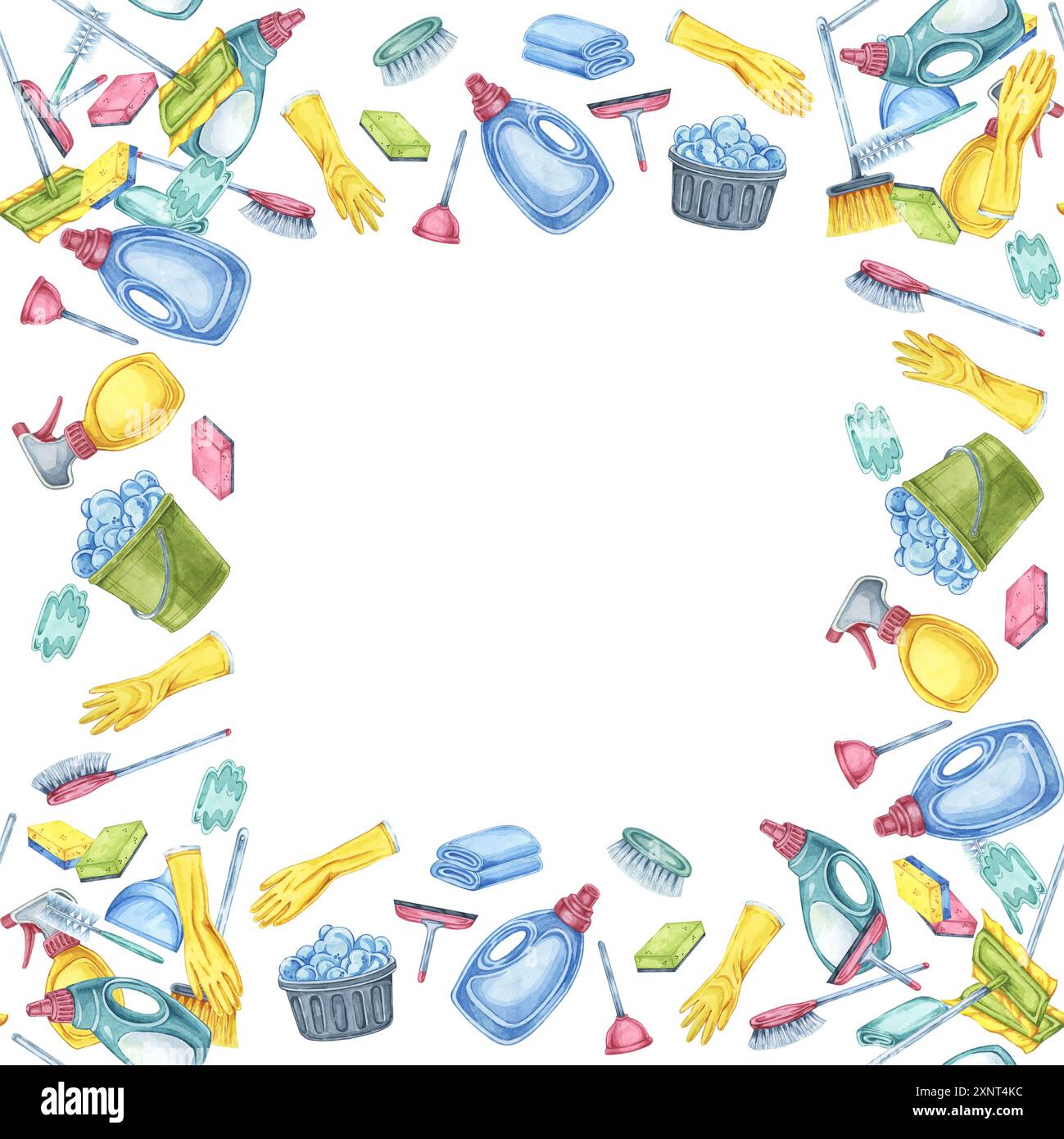 Housekeeping items such as buckets, brushes, gloves, and sprays create ...