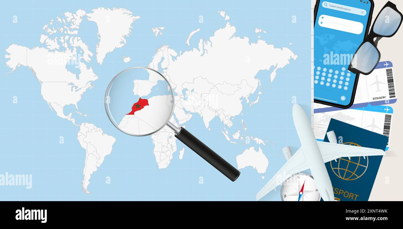 Morocco is magnified over a World Map, illustration with airplane ...