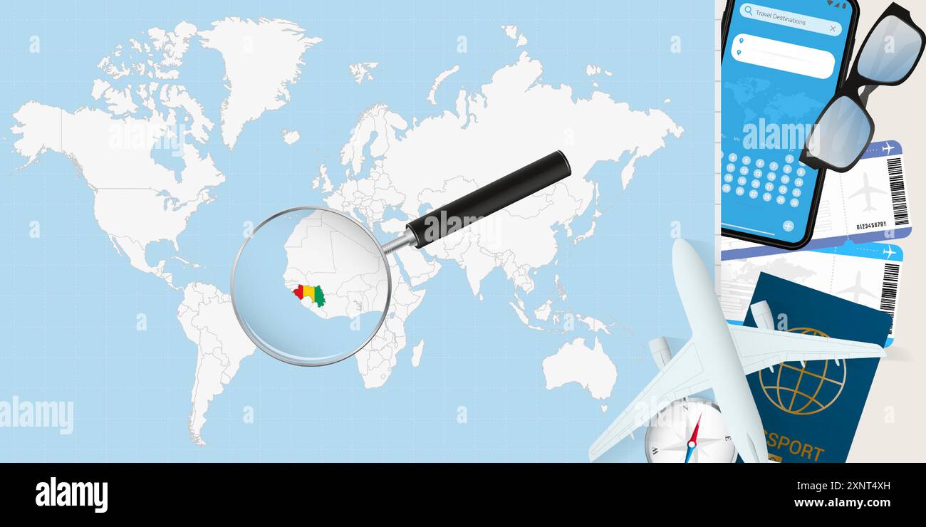 Guinea is magnified over a World Map, illustration with airplane ...