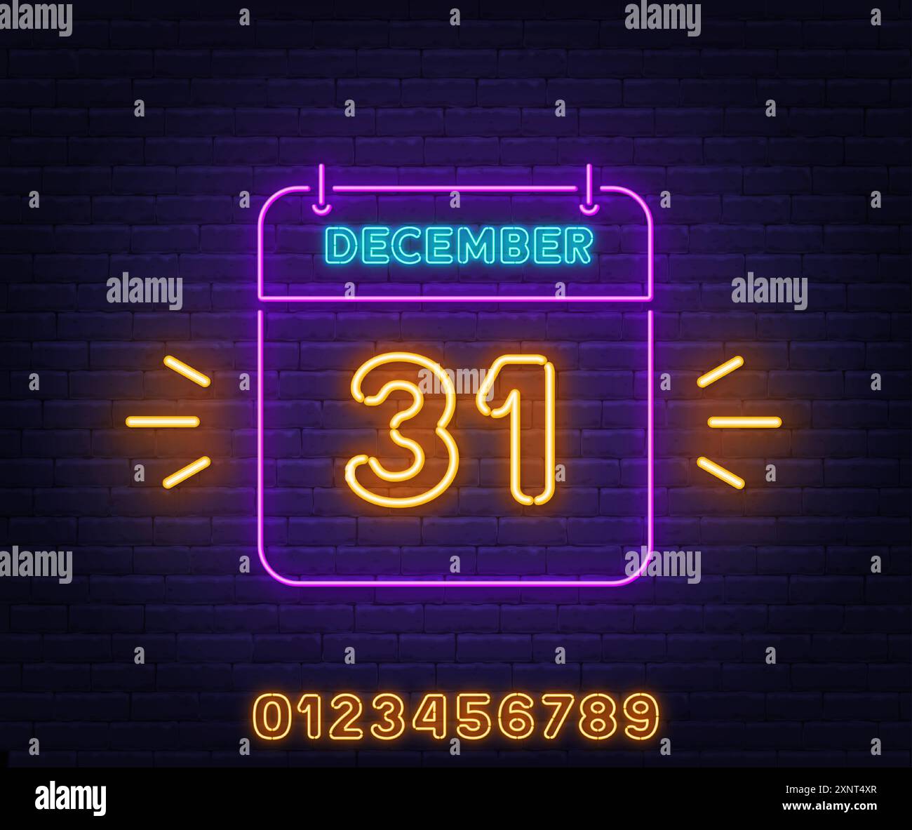 Neon Calendar Sign on brick wall background. 31 December text Stock ...