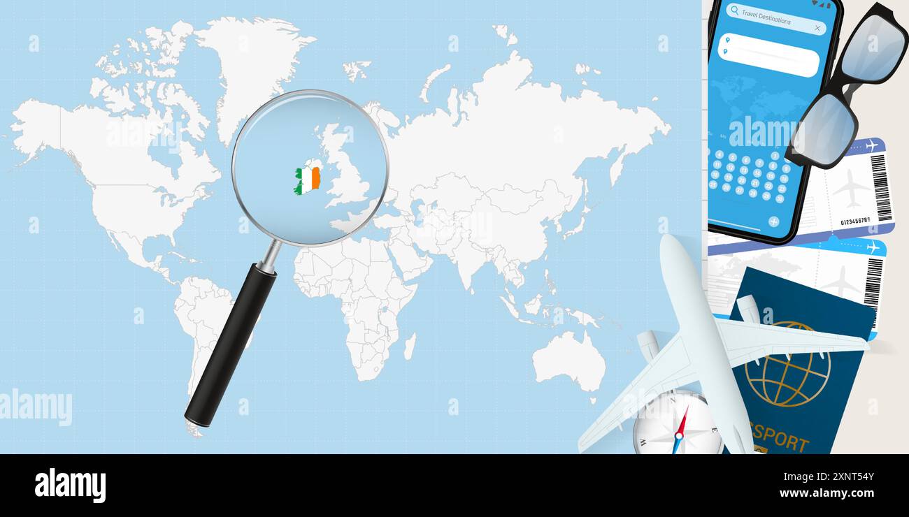 Ireland is magnified over a World Map, illustration with airplane ...