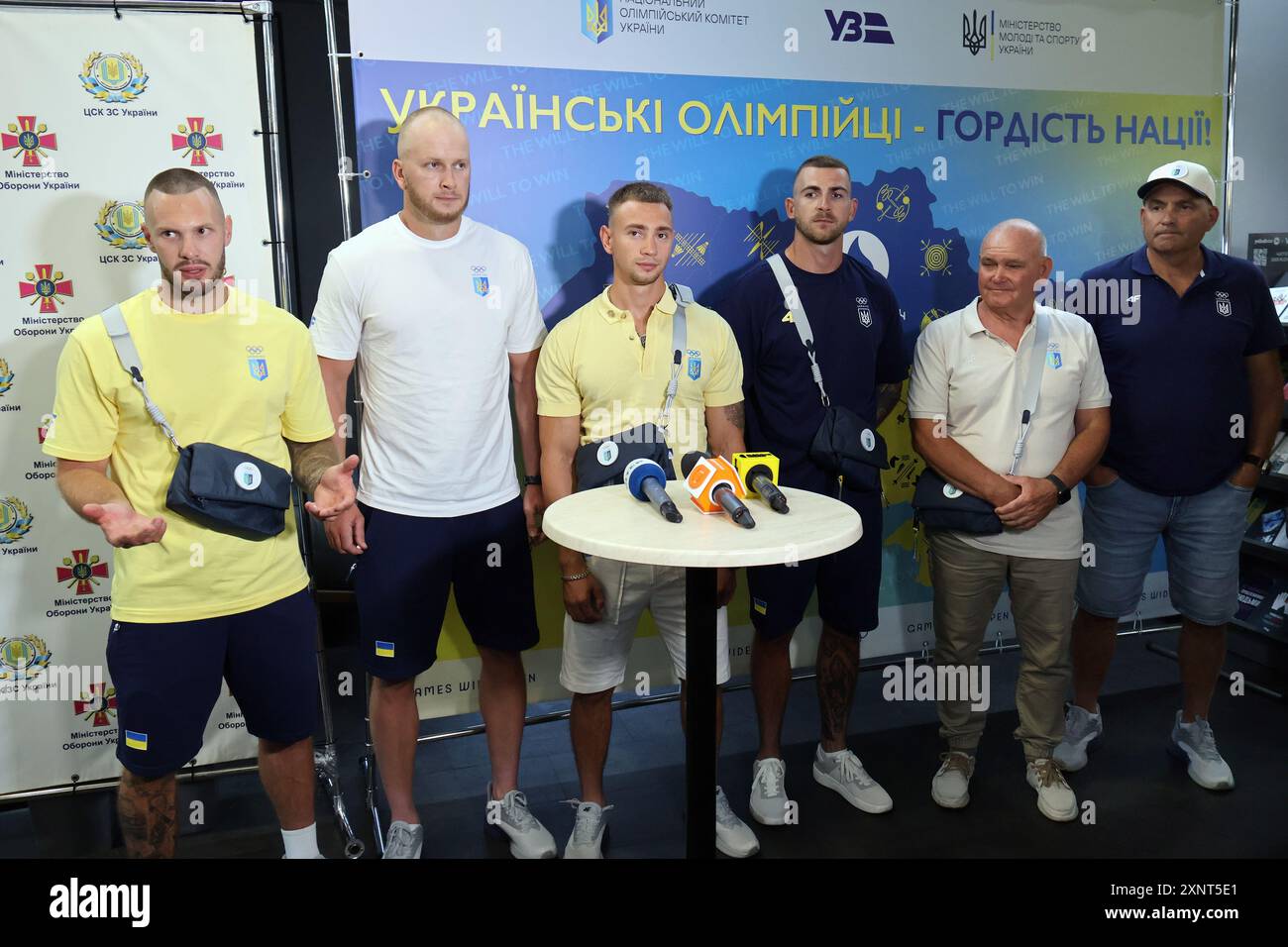 KYIV, UKRAINE - AUGUST 1, 2024 - Ukrainian canoers Ivan Semykin, Ihor Trunov, Dmytro Danylenko ...