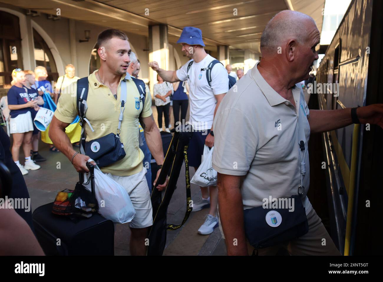 KYIV, UKRAINE - AUGUST 1, 2024 - Ukrainian sprint canoeist Dmytro Danylenko (L) and senior coach ...