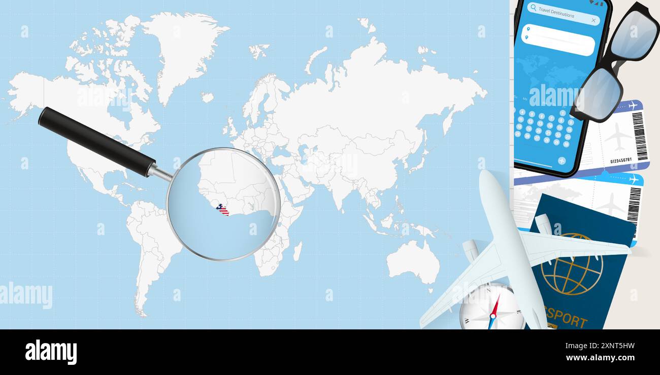Liberia is magnified over a World Map, illustration with airplane ...