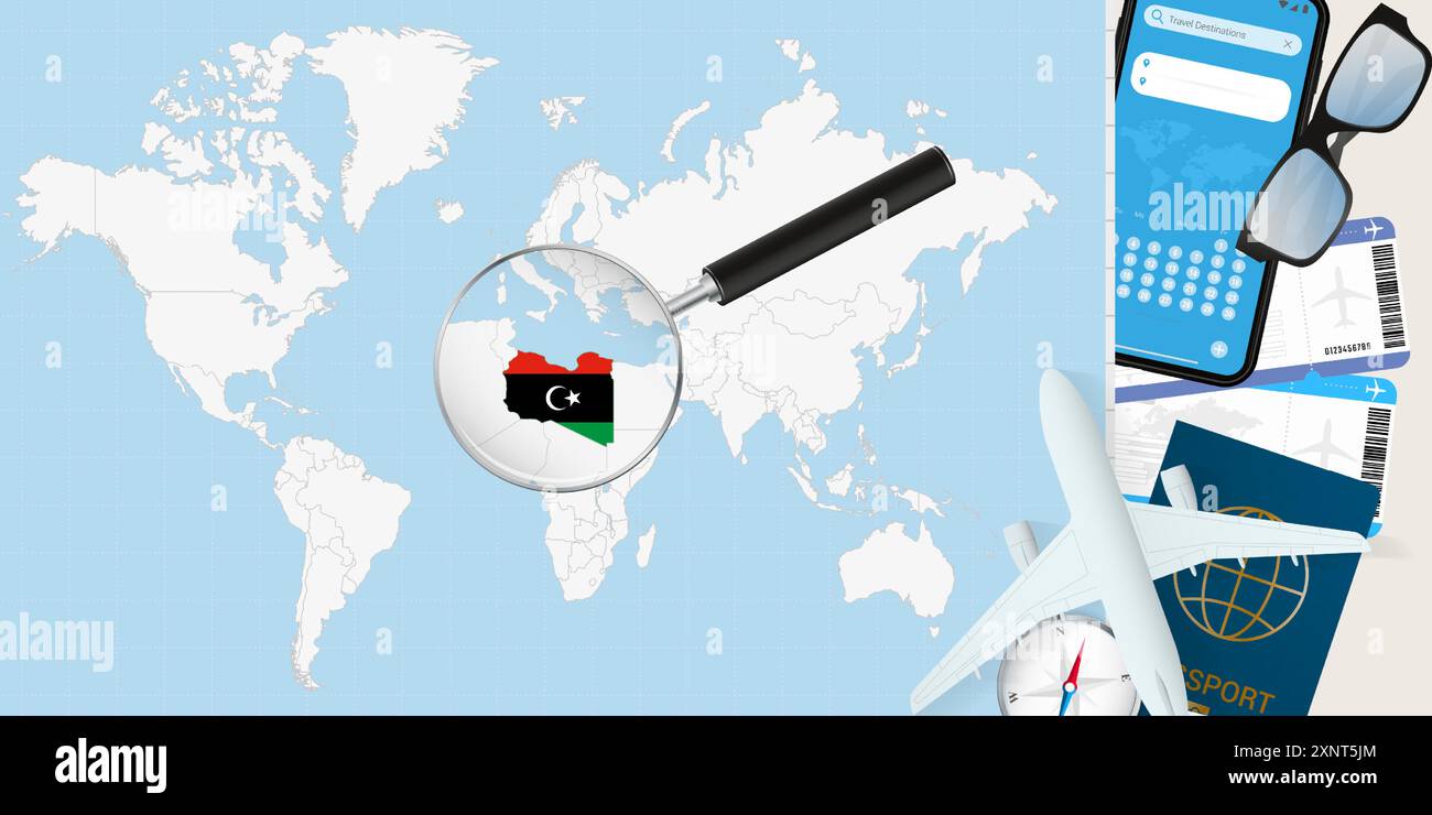 Libya is magnified over a World Map, illustration with airplane ...