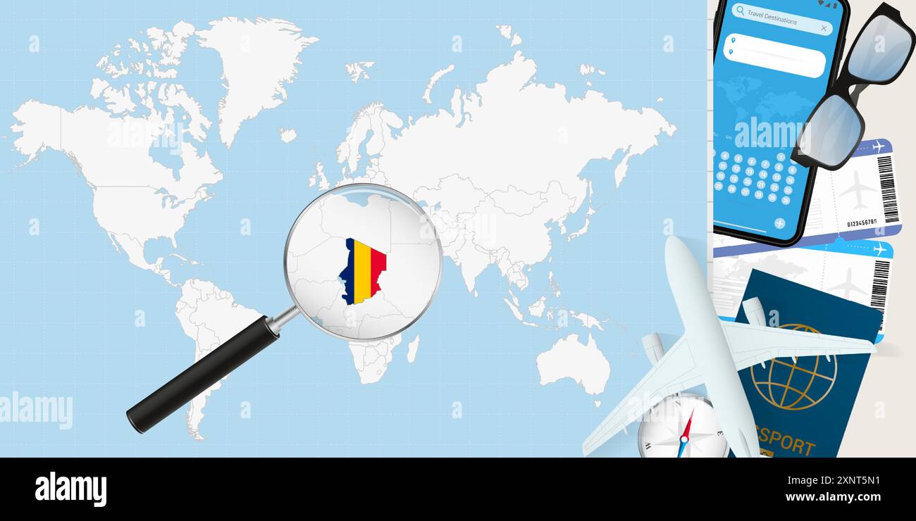 Chad is magnified over a World Map, illustration with airplane ...