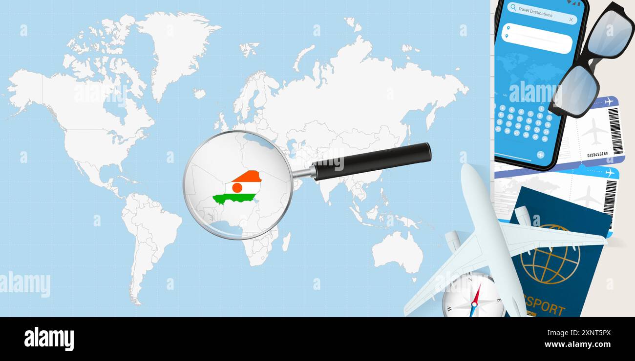 Niger is magnified over a World Map, illustration with airplane ...