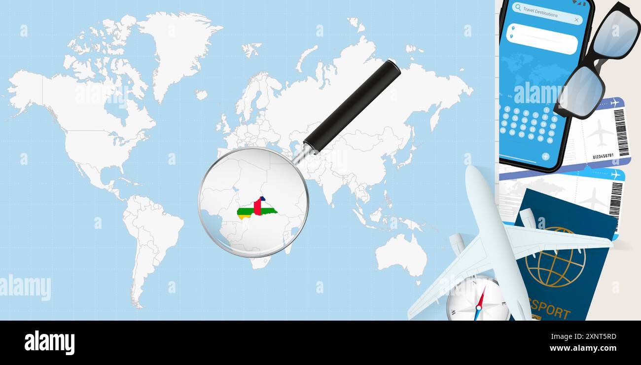Central African Republic is magnified over a World Map, illustration ...