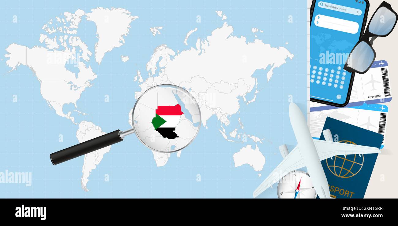 Sudan is magnified over a World Map, illustration with airplane, passport, boarding pass ...