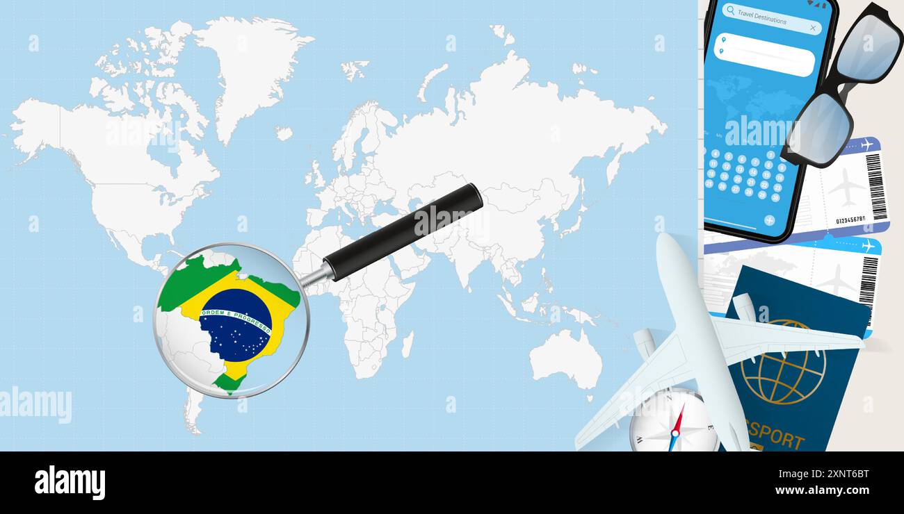 Brazil is magnified over a World Map, illustration with airplane ...