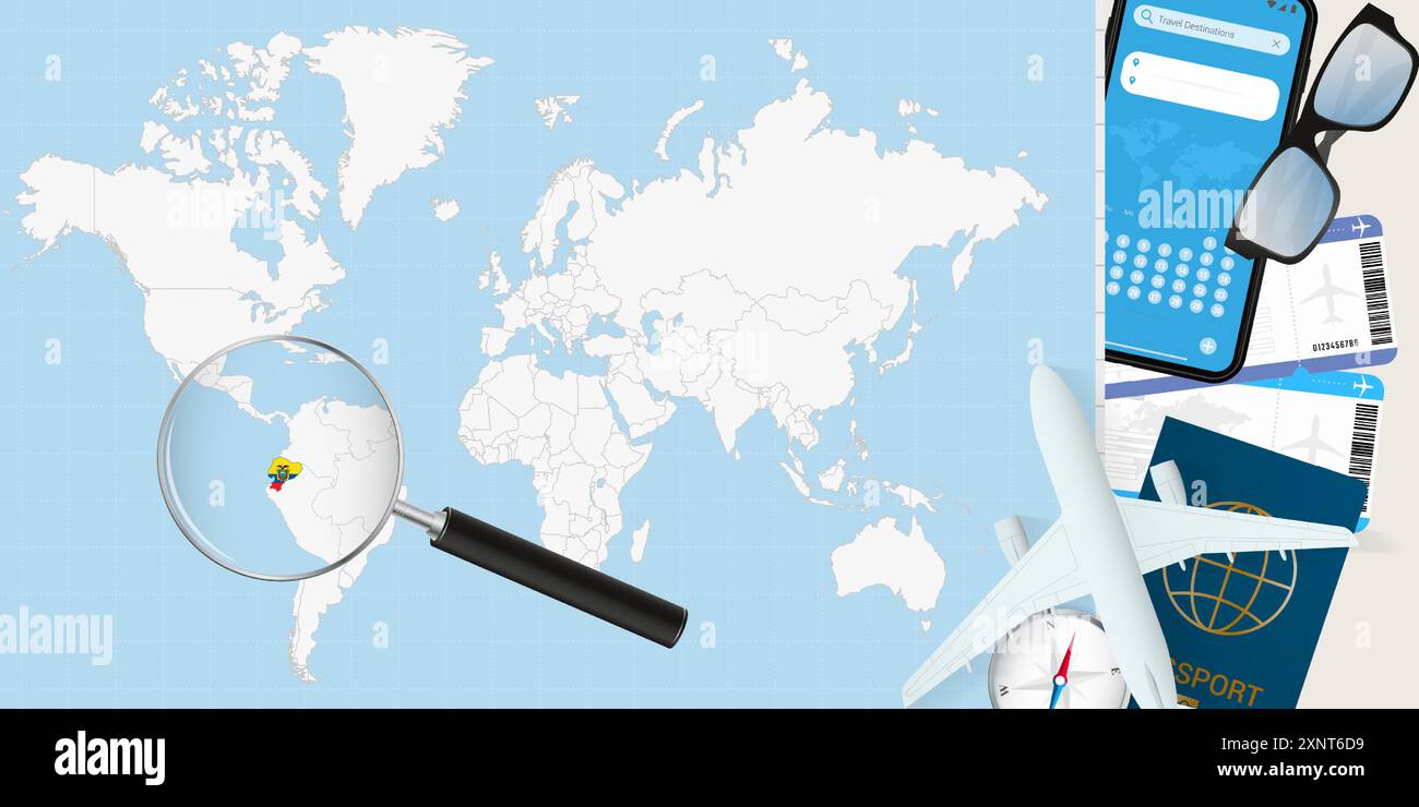 Ecuador is magnified over a World Map, illustration with airplane ...
