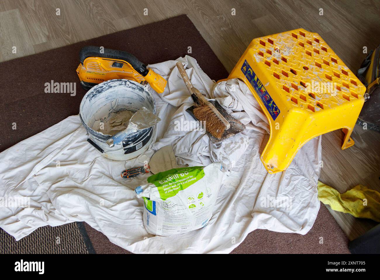 plasterer tradesmans tools in new build house northumberland uk Stock ...
