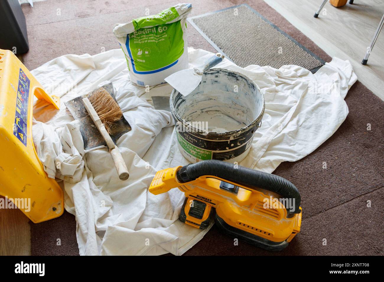 plasterer tradesmans tools in new build house northumberland uk Stock ...