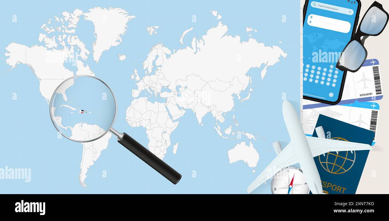 Dominican Republic is magnified over a World Map, illustration with ...