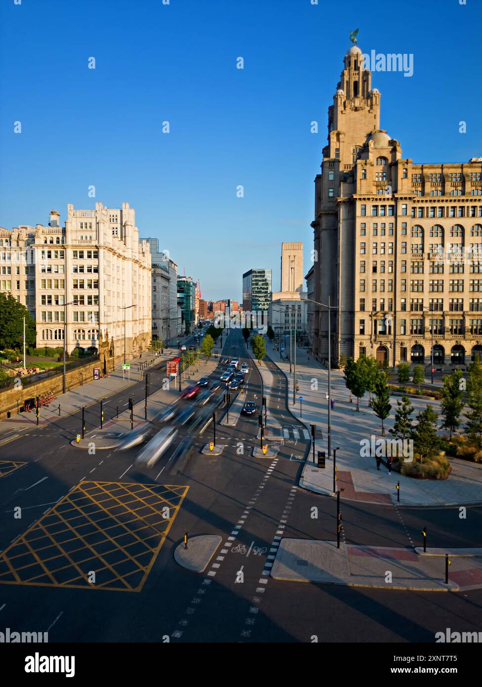 Aerial slow shutter speed image of traffic on The Strand Liverpool UK ...