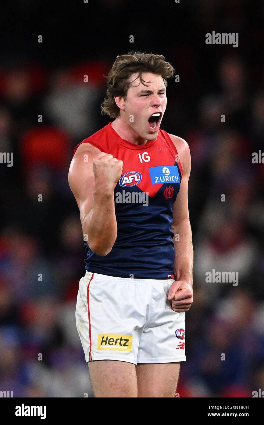 Melbourne, Australia. 02nd Aug, 2024. Tom Sparrow of the Demons reacts ...