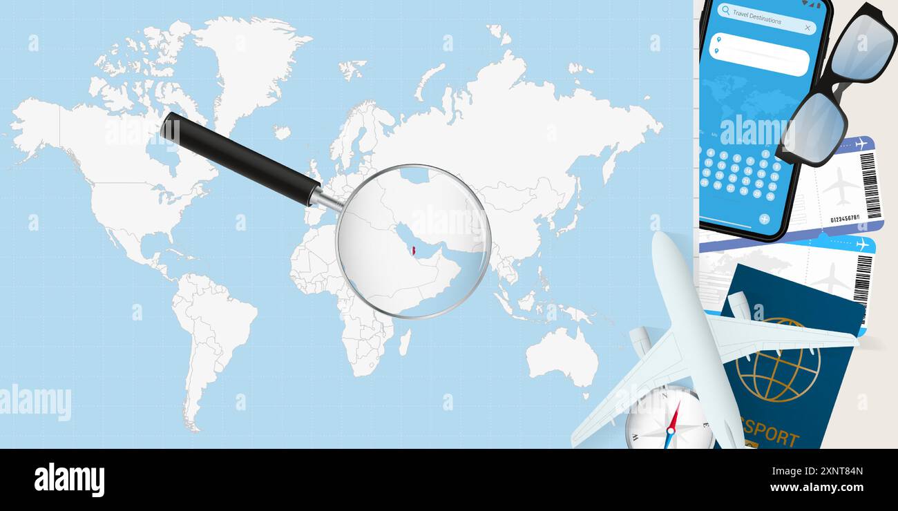 Qatar is magnified over a World Map, illustration with airplane ...