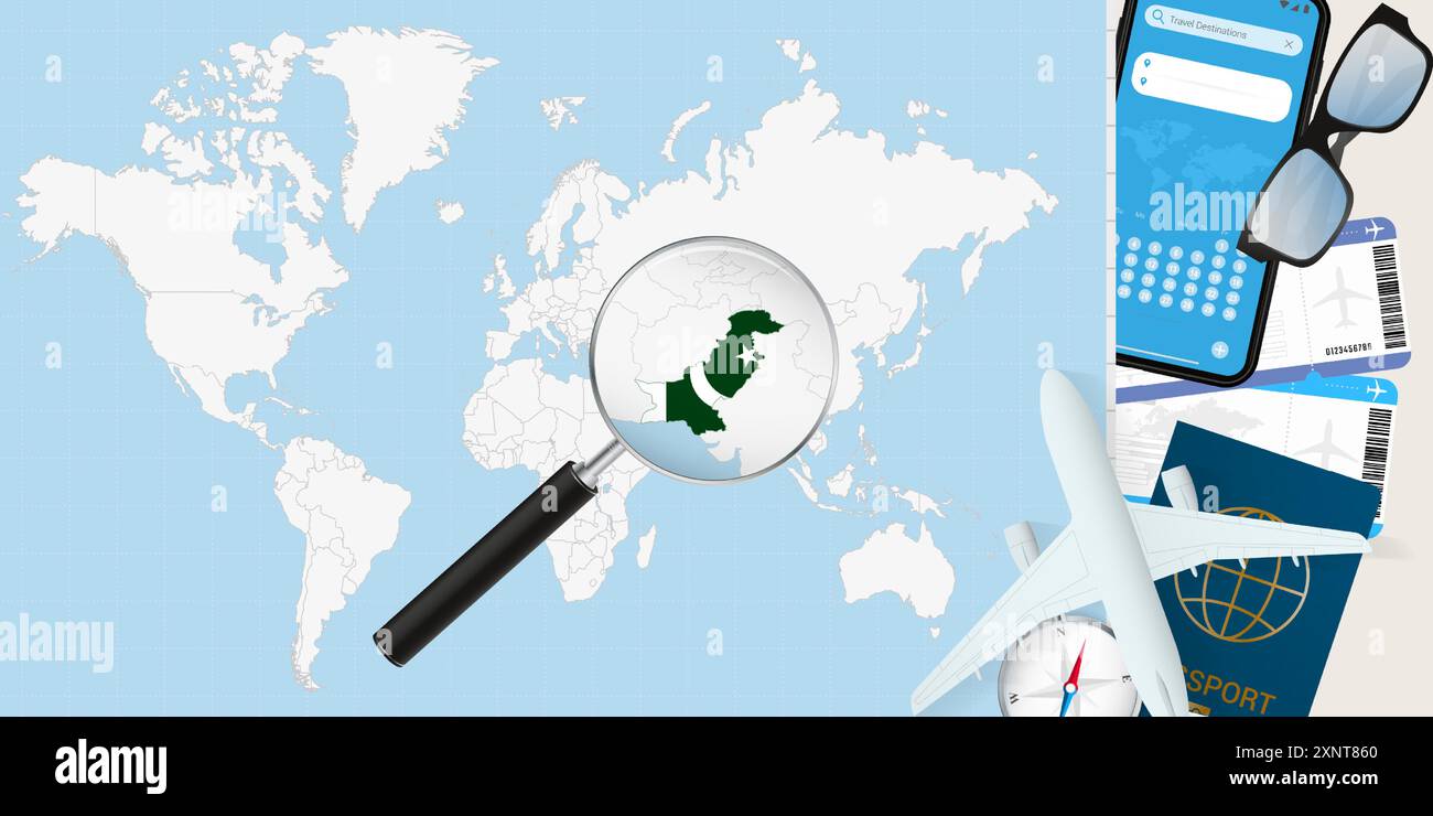 Pakistan is magnified over a World Map, illustration with airplane ...
