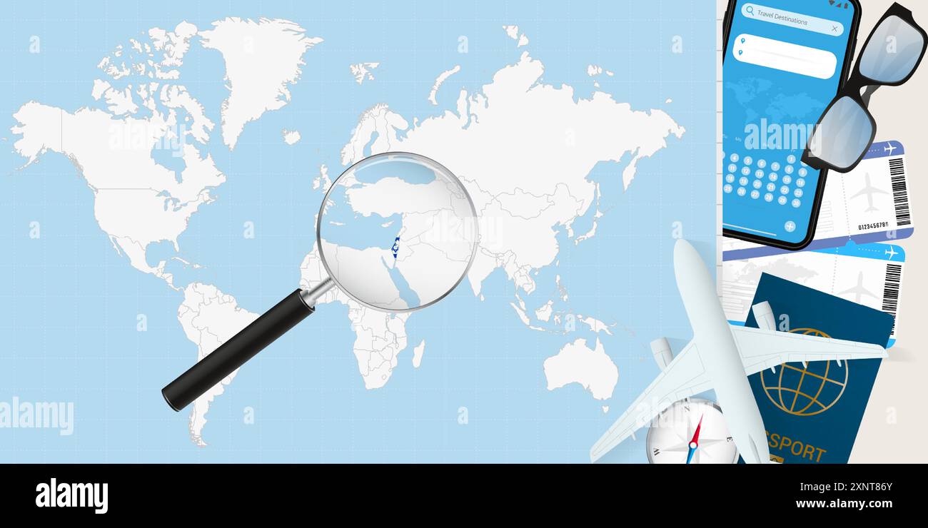 Israel is magnified over a World Map, illustration with airplane ...