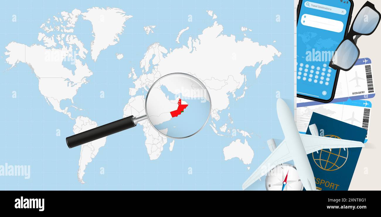 Oman is magnified over a World Map, illustration with airplane ...