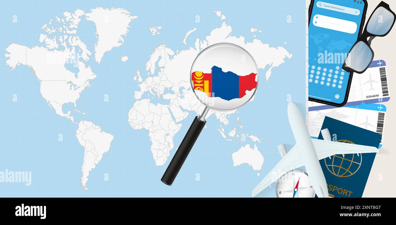Mongolia is magnified over a World Map, illustration with airplane ...