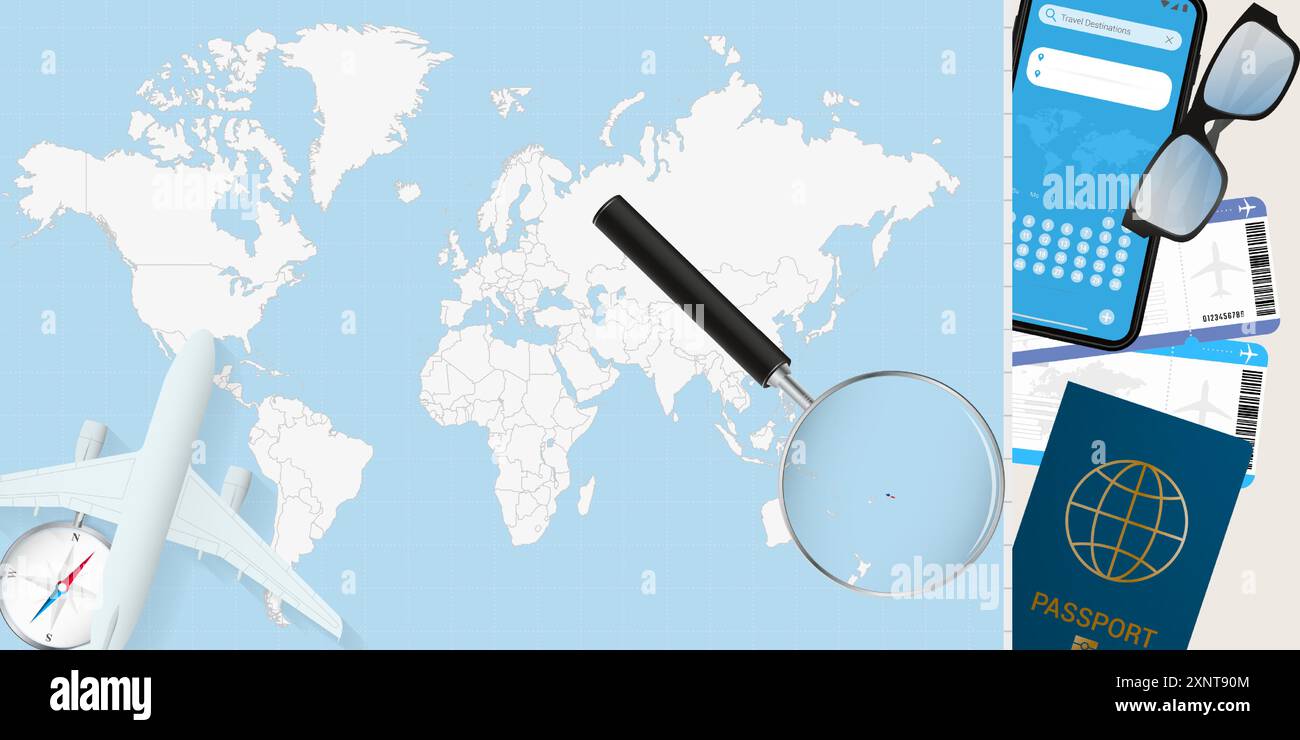 Samoa is magnified over a World Map, illustration with airplane ...