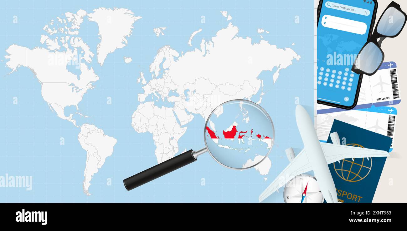 Indonesia is magnified over a World Map, illustration with airplane ...