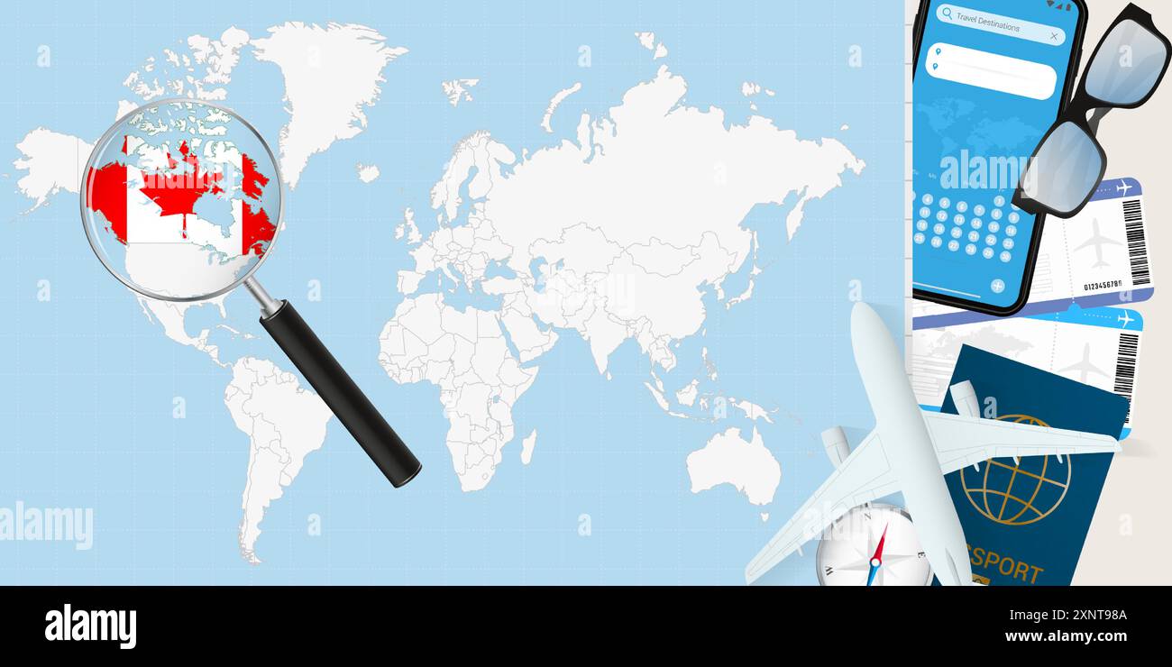 Canada is magnified over a World Map, illustration with airplane ...