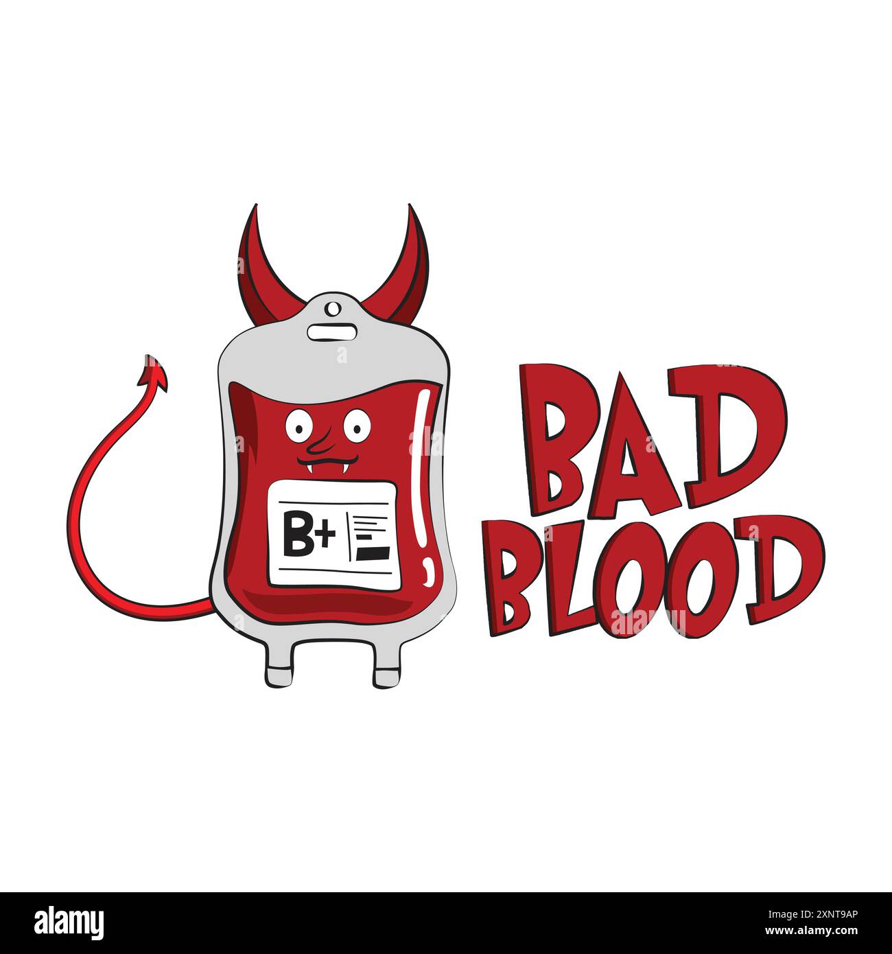 Blood bag with devil horns and a funny quote. Bad blood. Funny Vector ...