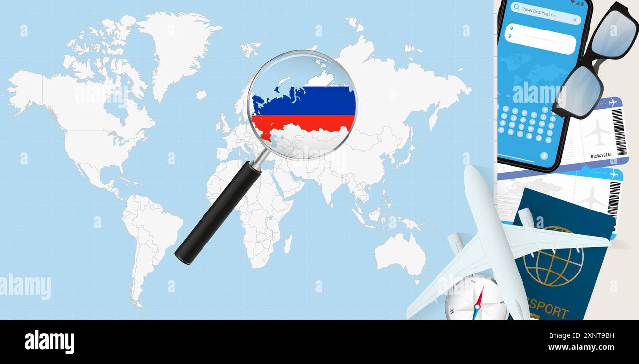 Russia is magnified over a World Map, illustration with airplane ...