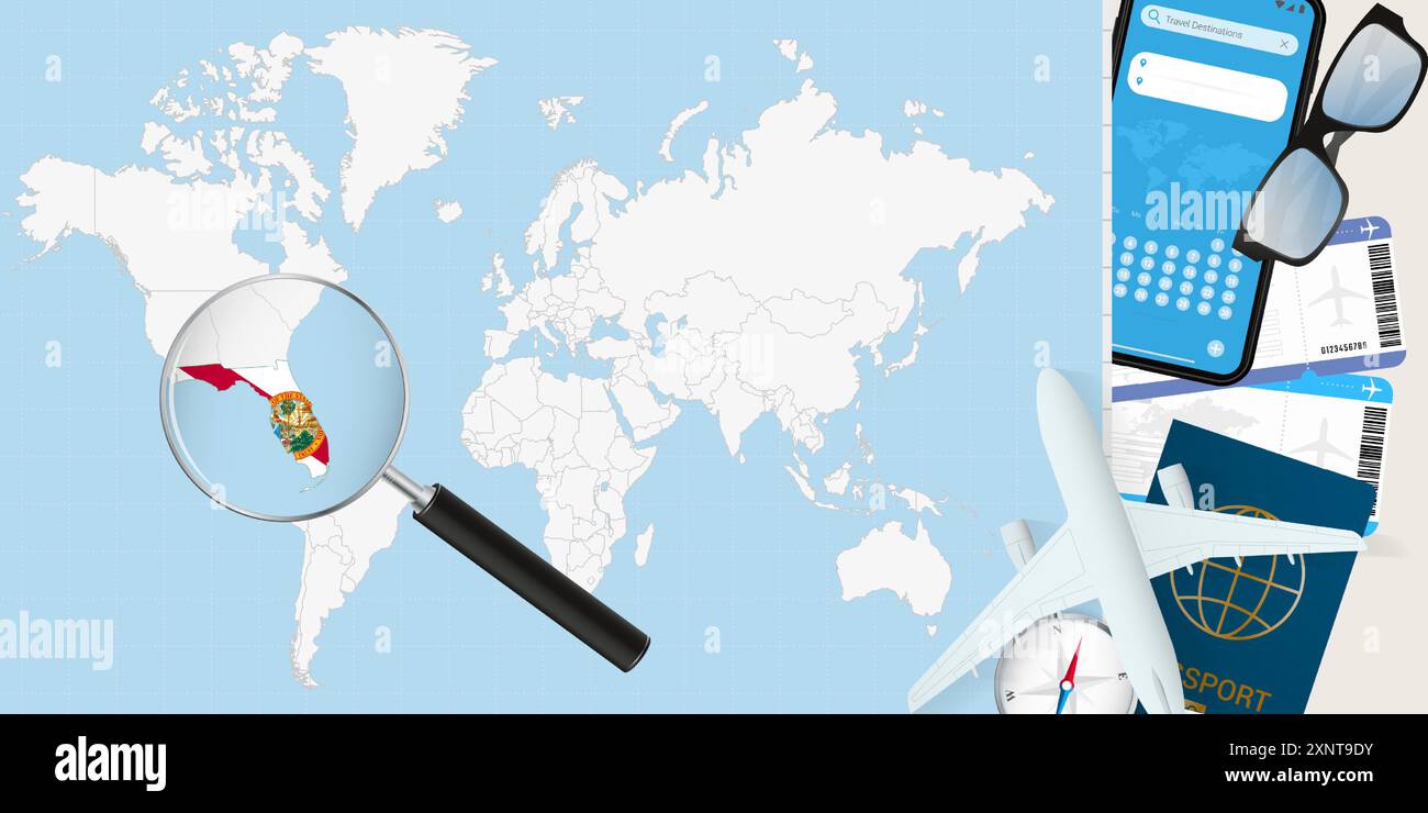 Florida is magnified over a World Map, illustration with airplane ...