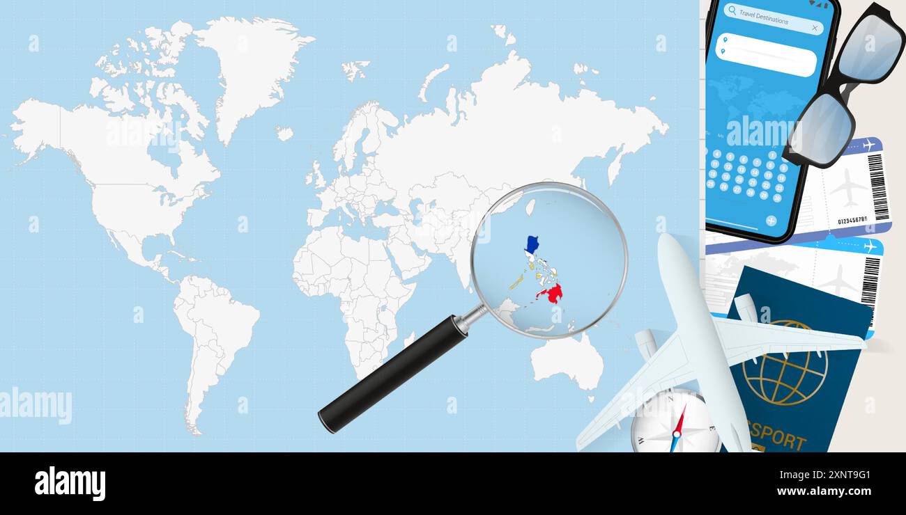 Philippines is magnified over a World Map, illustration with airplane ...