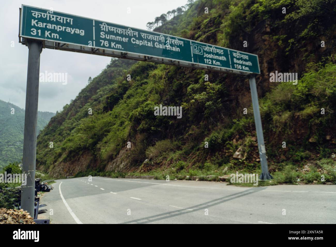 Aug2nd2024, Uttarakhand India. Overhead signboard on a national highway in Rudraprayag district ...