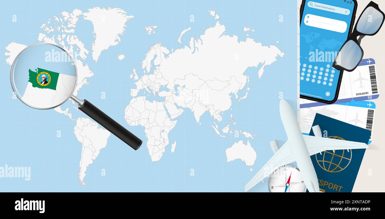 Washington is magnified over a World Map, illustration with airplane ...