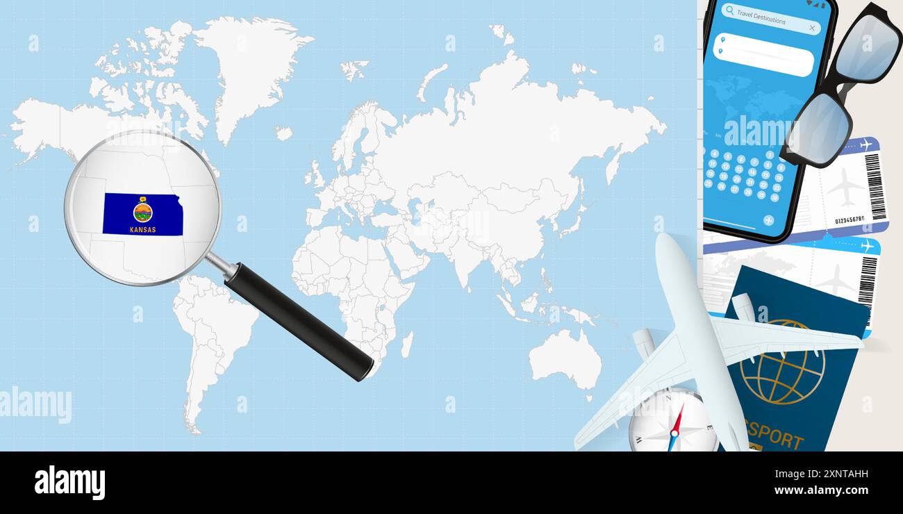 Kansas is magnified over a World Map, illustration with airplane ...