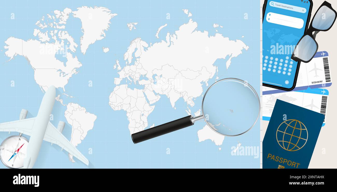 Marshall Islands is magnified over a World Map, illustration with airplane, passport, boarding ...