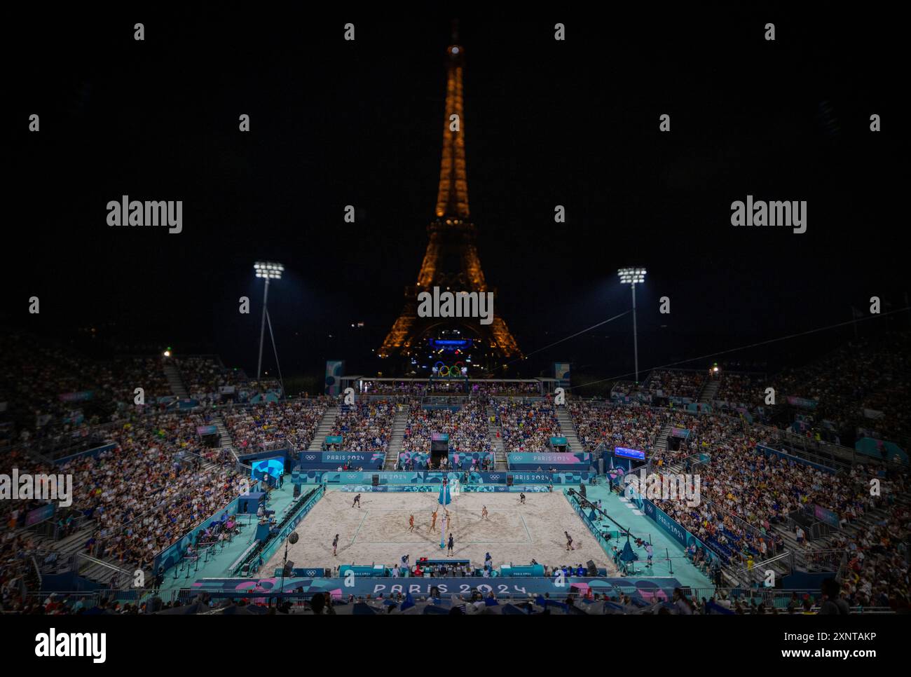Paris, France. 01st AUG 2024. Beach volleyball stadium during the match ...