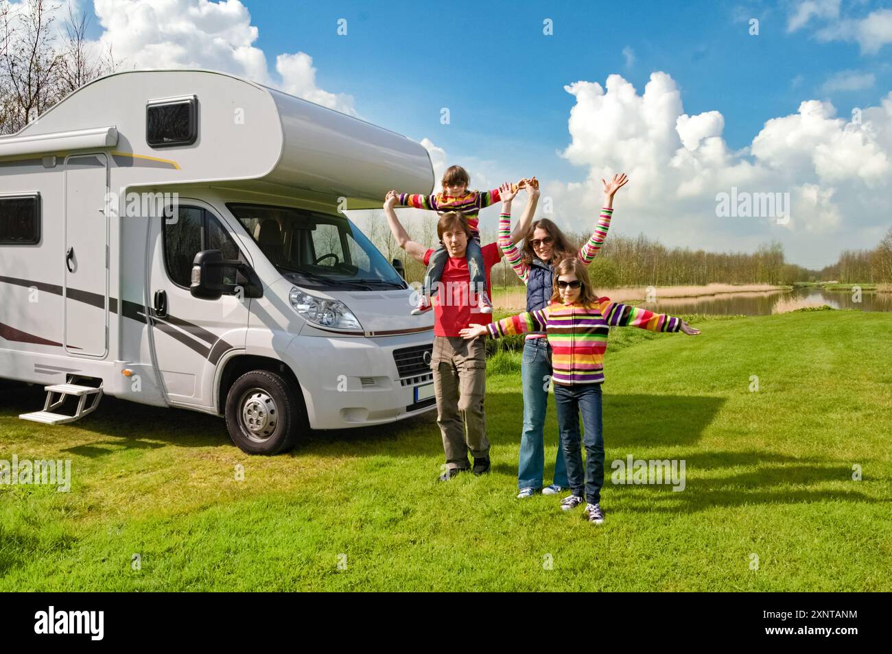 Family vacation, RV travel with kids, happy parents with children have ...