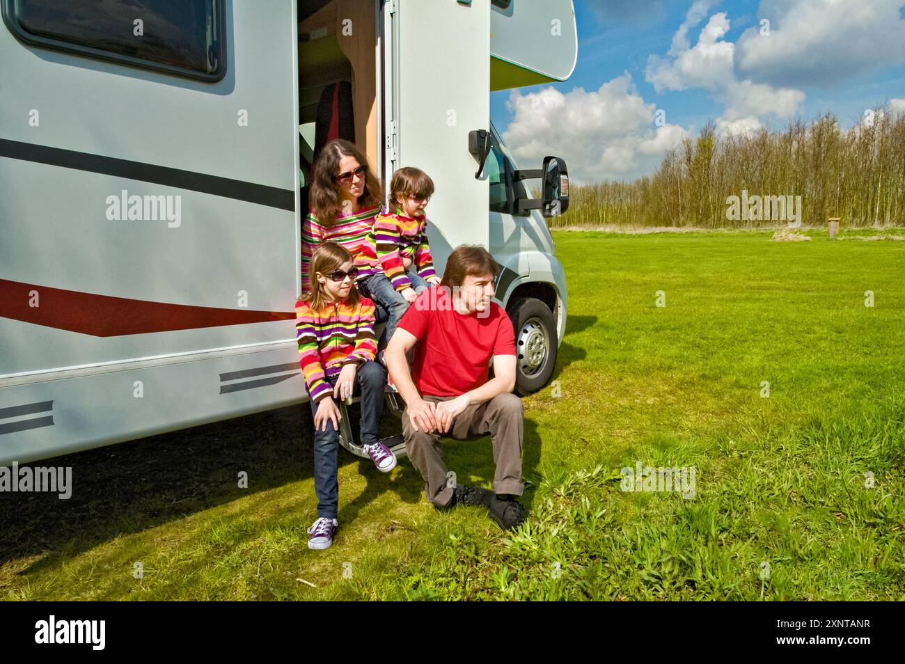 Family vacation, RV travel with kids, happy parents with children have ...