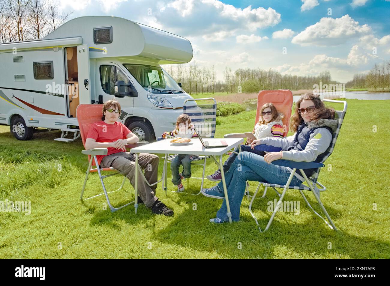 Family vacation, RV travel with kids, happy parents with children have ...