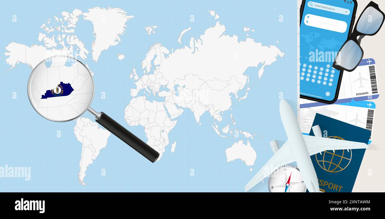 Kentucky is magnified over a World Map, illustration with airplane ...