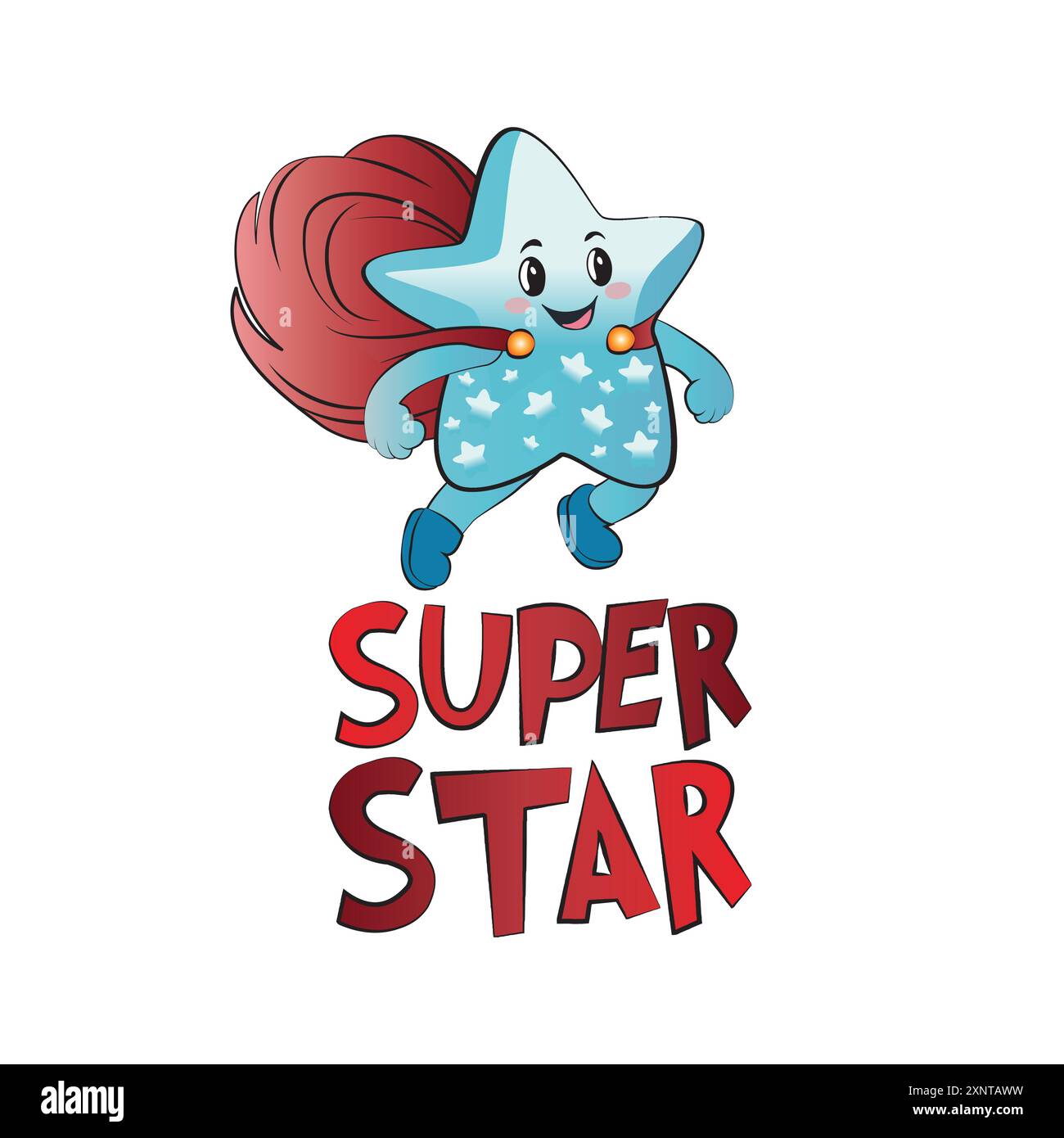 Funny happy superhero blue star cartoon with a red cape and a quote ...