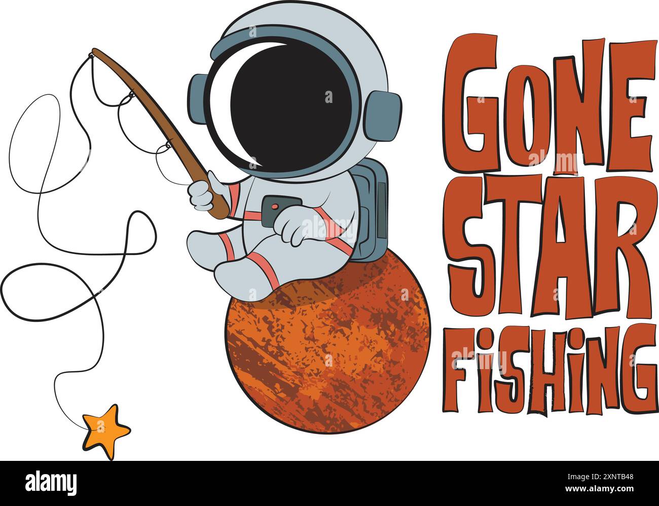 Gone starfishing. Cute astronaut fishing in space catching stars with ...