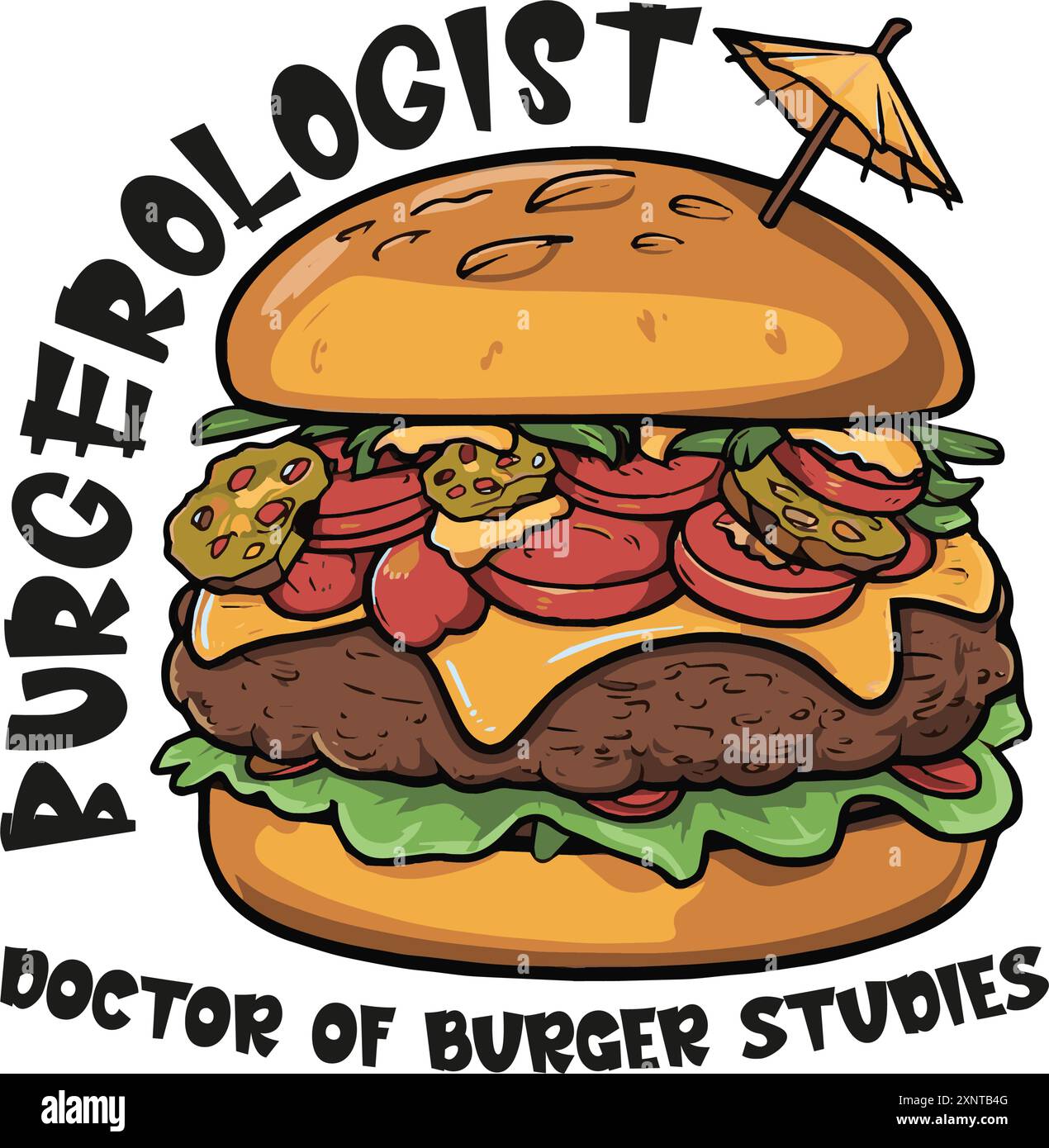 Cartoon old school style meat beef burger with text burgerologist ...