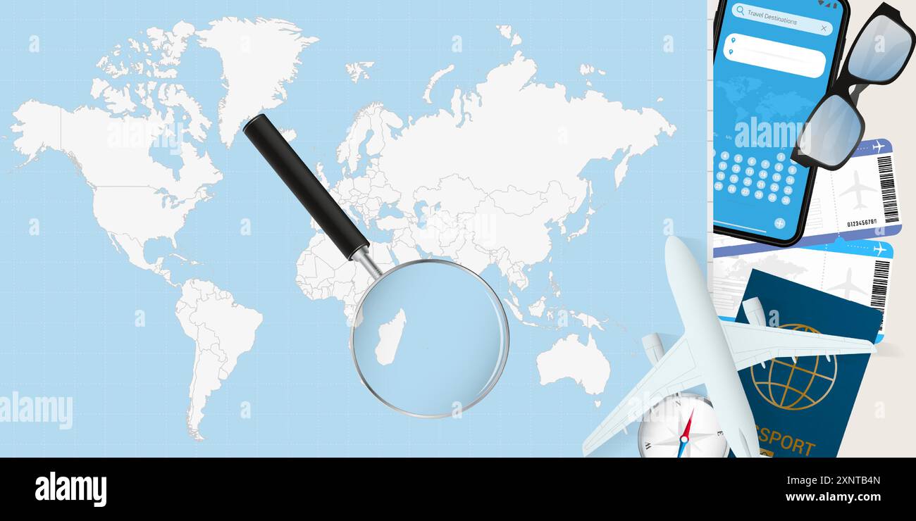 Mauritius is magnified over a World Map, illustration with airplane ...